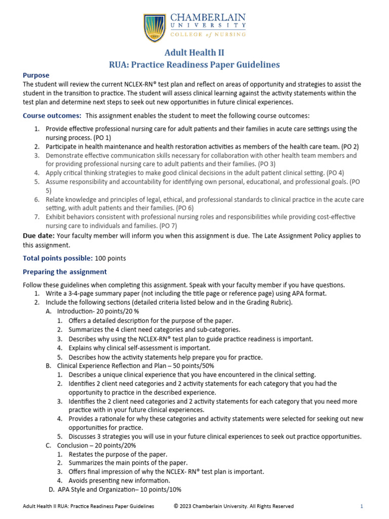 Adult Health II RUA Practice Readiness Paper Guidelines Sept23 | PDF ...