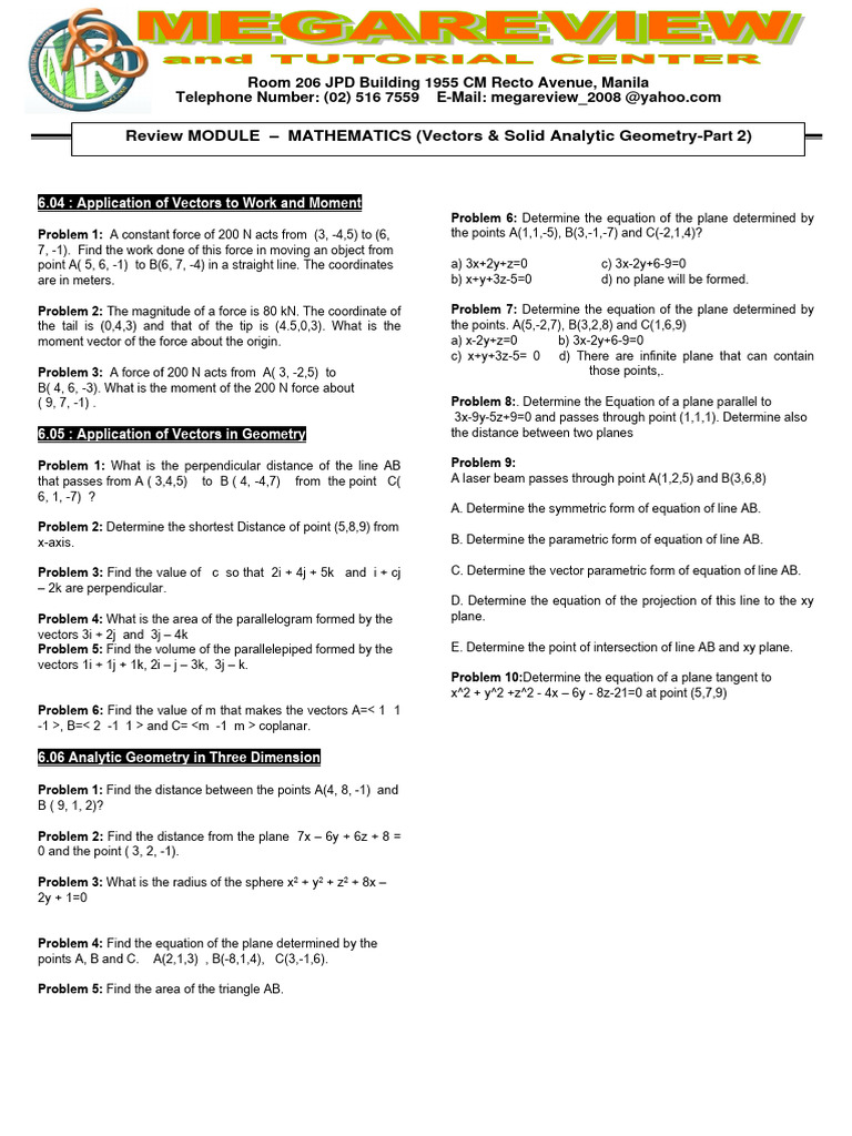 Review Module 6 - Part 2-Vectors and Solid Analytic Geometry - Part 2 ...