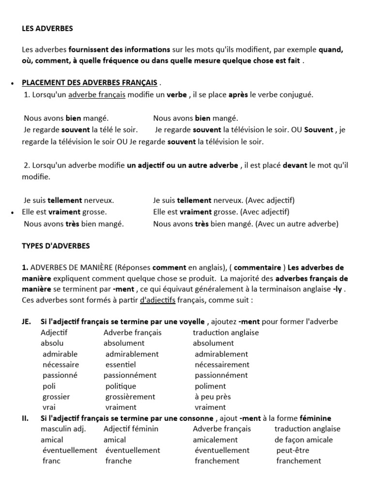 Toutes Les Notes Sur Les Adverbes Français | PDF | Adverbe | Verbe