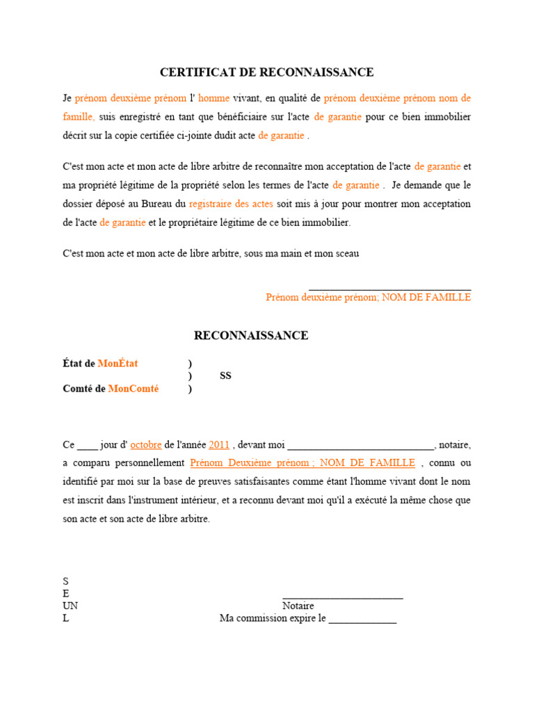 Certificat de Reconnaissance de Propriété | PDF