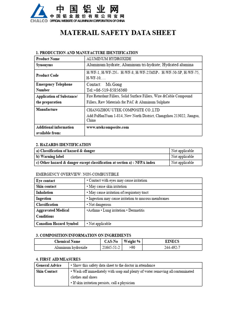 MSDS - BOT - Al (OH) 3 (EN) | PDF | Aluminium | Working Conditions