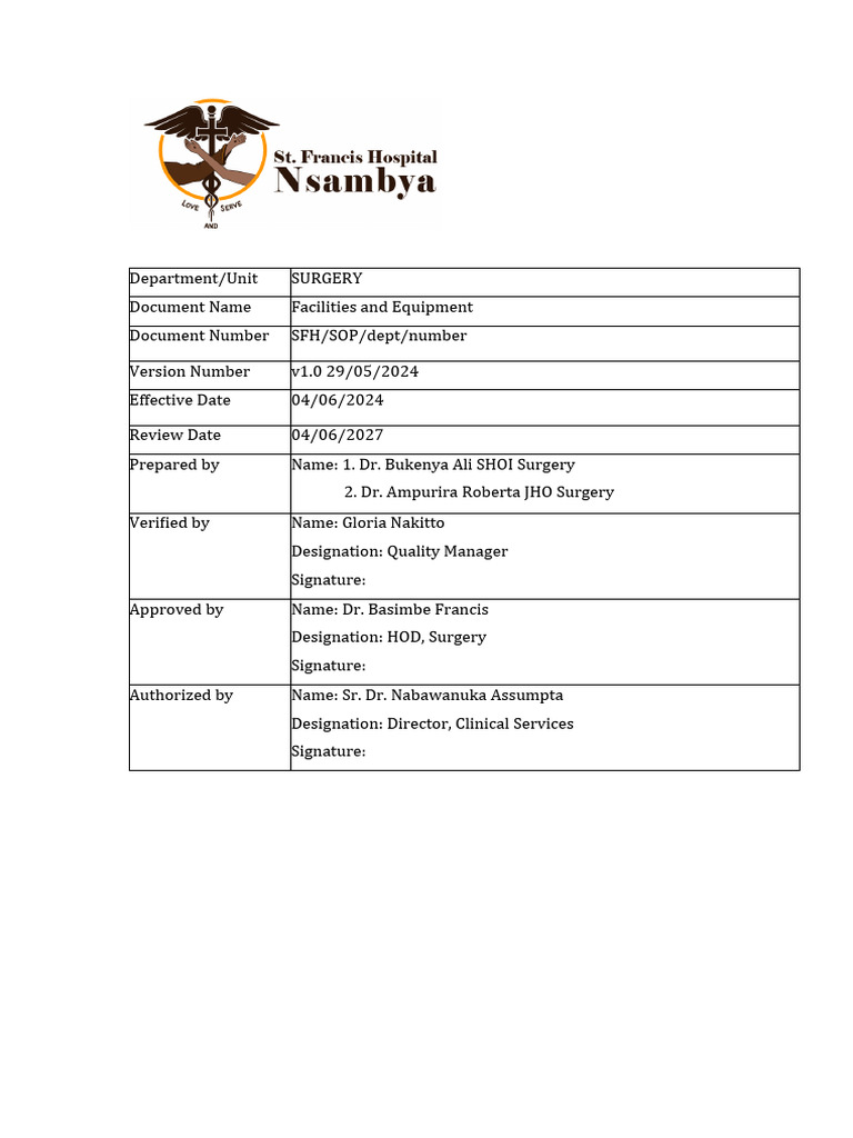 Facilities and Equipment SOP | PDF | Medical Device | Health Care