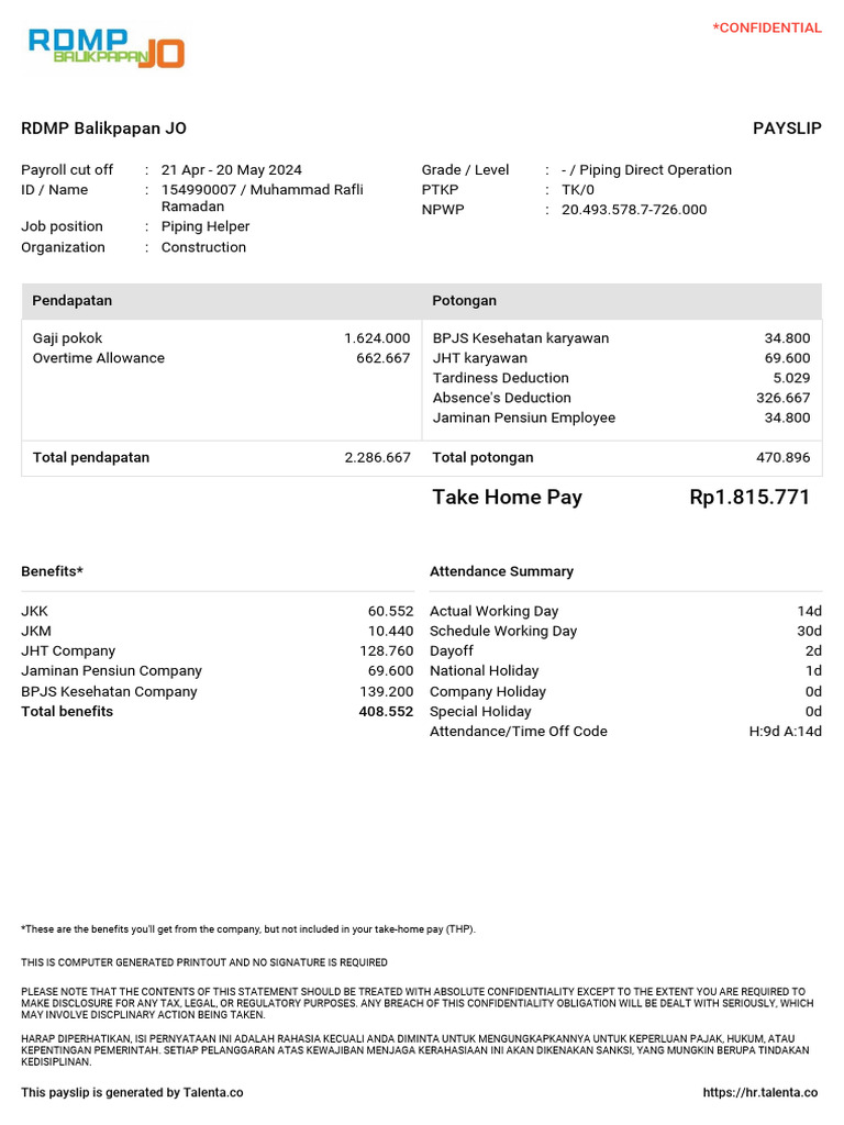 May 2024 Piping Helper Payslip | PDF | Taxes | Government Finances