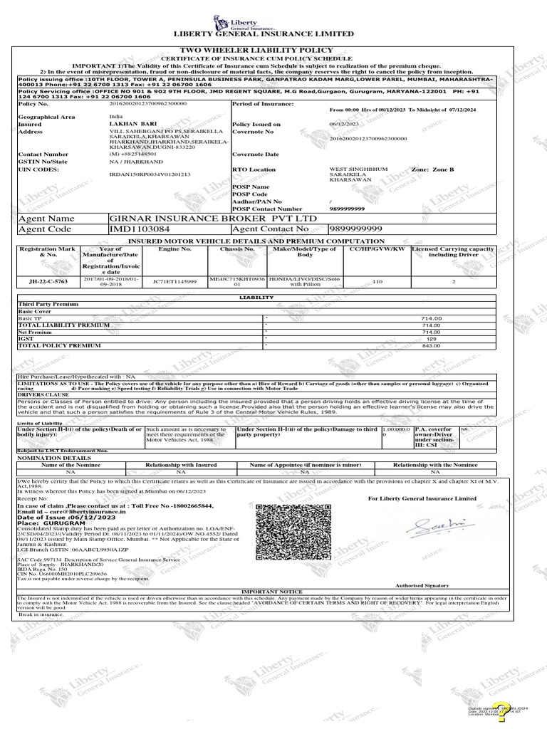 Agent Name Girnar Insurance Broker PVT LTD Agent Code IMD1103084 | PDF ...