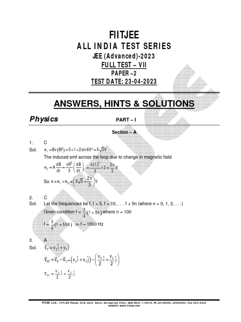 Aits 223 FT Vii Jeea Paper 2 Sol | PDF | Physical Sciences | Applied And Interdisciplinary Physics
