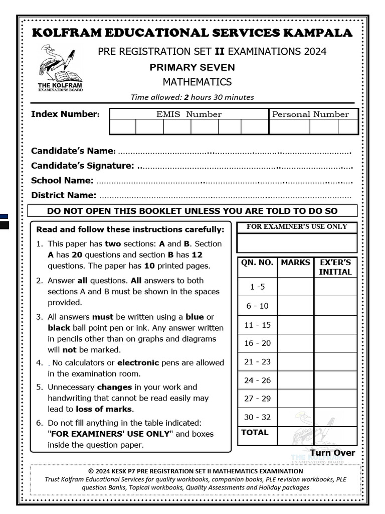 Standard Kolfram p7 Set II Mathematics Term I 2024. | PDF | Angle ...