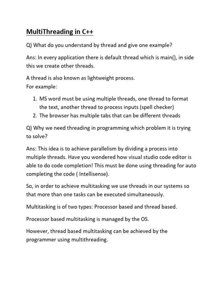 Multithreading in C++ by Mandeep Punia | PDF | Thread (Computing) | Process (Computing)