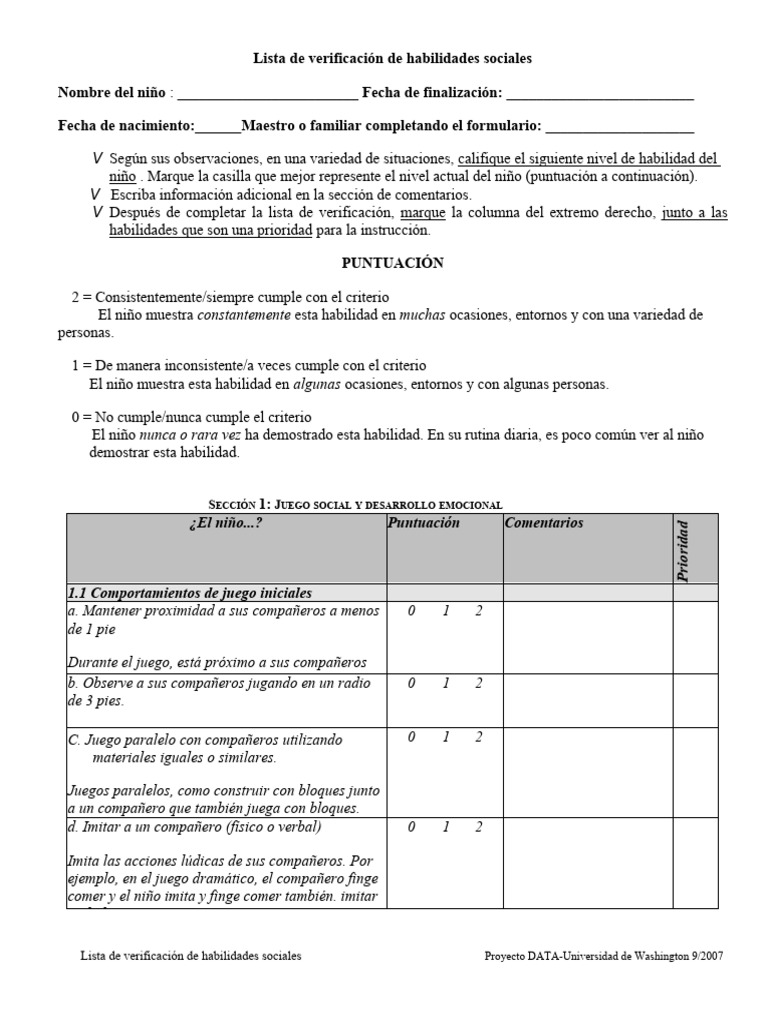 Lista de Verificación de Habilidades Sociales 9-07-1 | PDF | Las ...