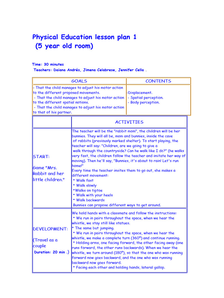 Physical Education Plan for 5-Year-Olds | PDF | Developmental ...