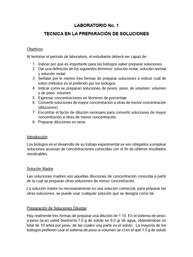LAB No. 1. TECNICA EN LA PREPARACIÓN DE SOLUCIONES | PDF ...