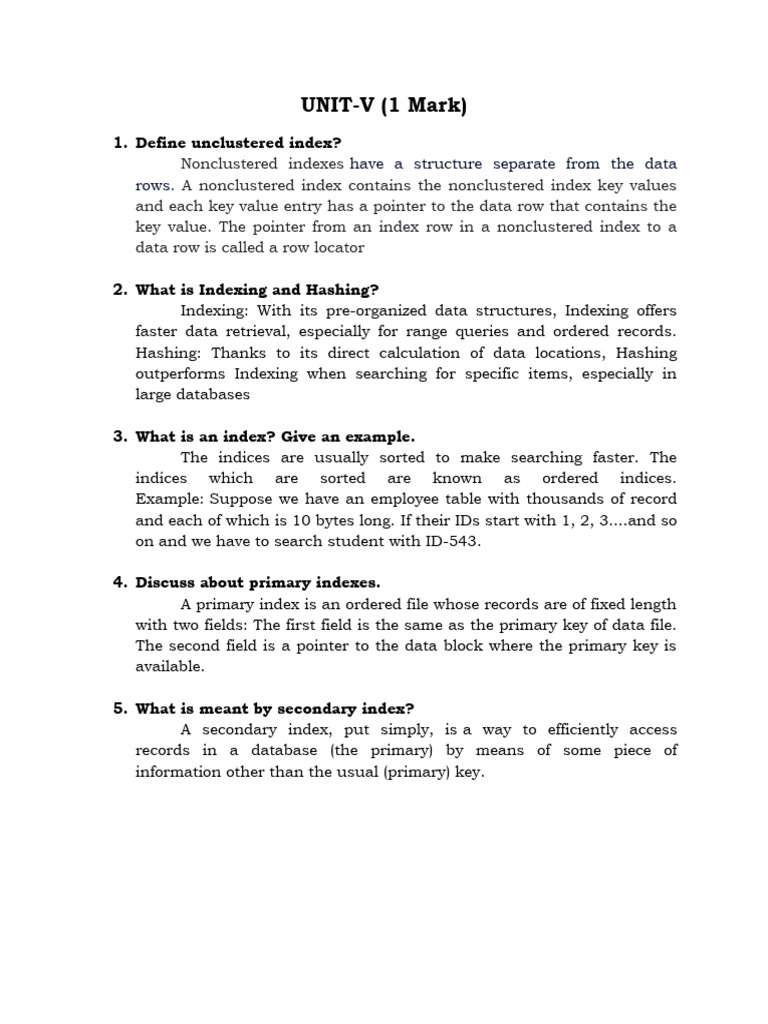 UNIT V Imp Questions | PDF | Database Index | Databases