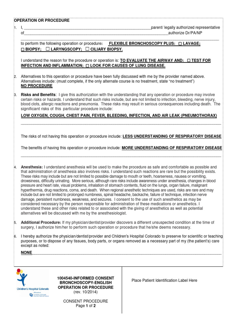 Patient Informed Consent Bronchoscopy English | PDF | Anesthesia ...