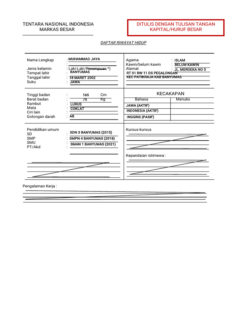Contoh Pengisian Blanko Riwayat Hidup - 06271451 | PDF
