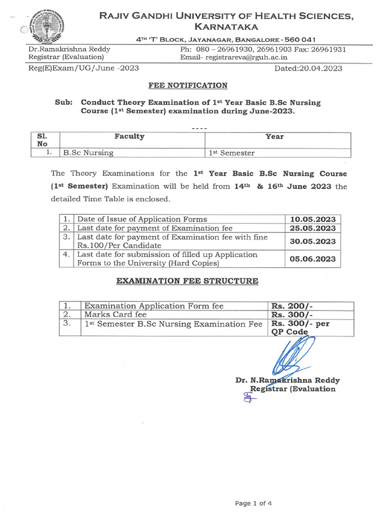 Fee Notification and Time Table for Conduct of 1st Year Basic b.sc ...
