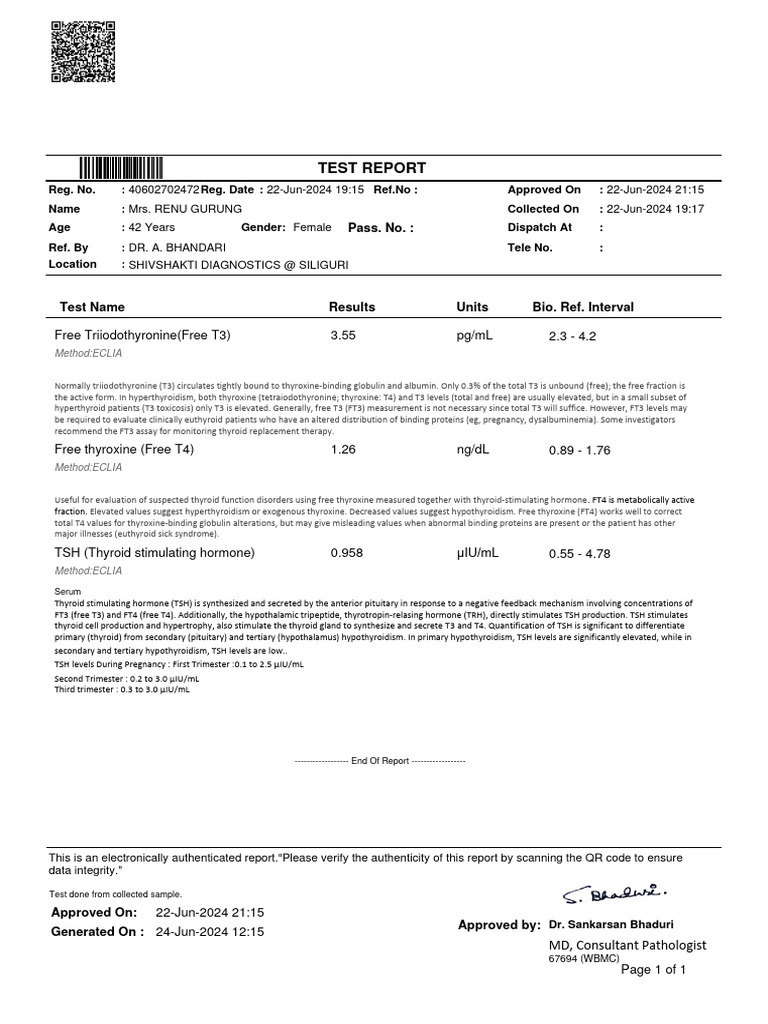 Female Thyroid Function Test Report | PDF | Thyroid Stimulating Hormone ...