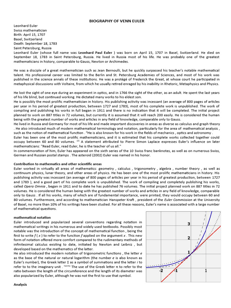 Venn Euler Biography | PDF | Teaching Mathematics | Leonhard Euler