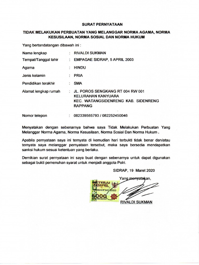 Surat Pernyataan Tidak Melakukan Perbuatan Yang Melanggar Norma | PDF