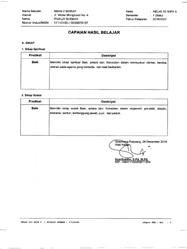 Rapor Capaian Hasil Belajar | PDF