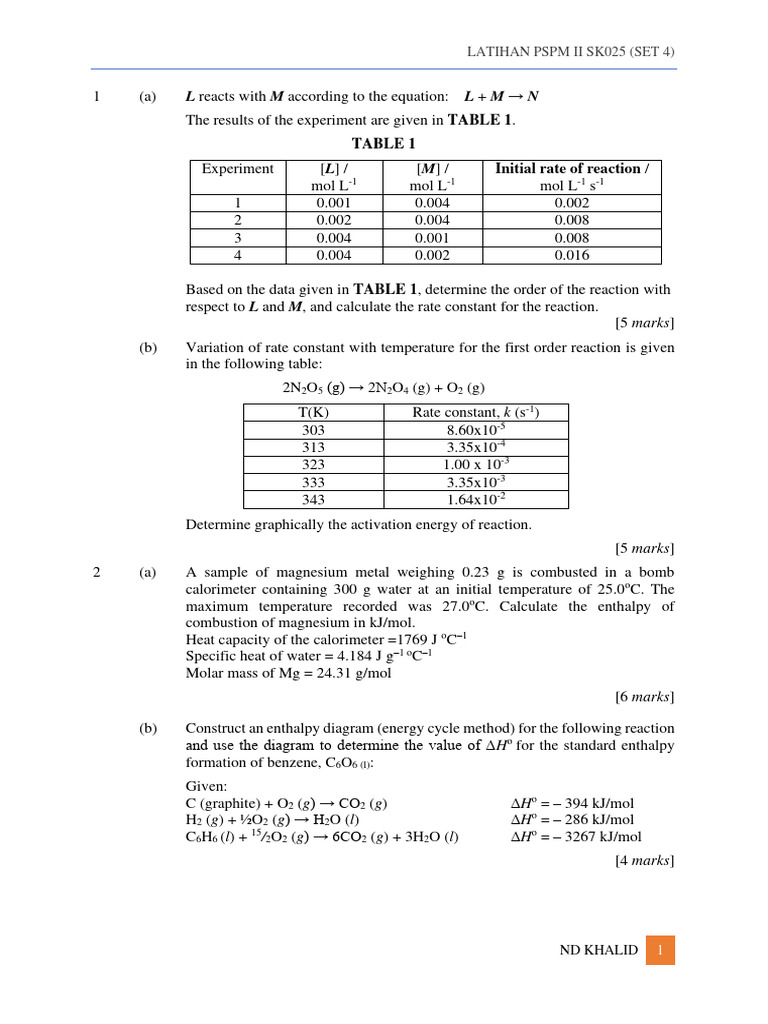 SK025 KMJ Pre PSPM Set 4 (Question) | PDF | Chemical Reactions | Enthalpy