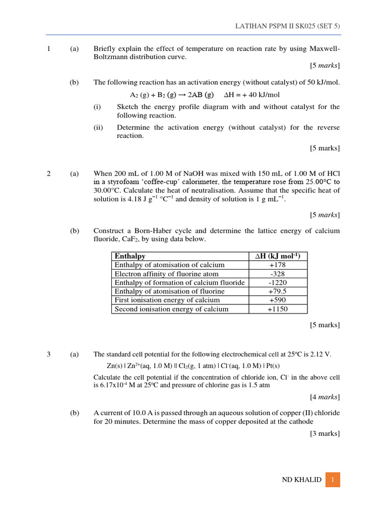 SK025 KMJ Pre PSPM Set 5 (Question) | PDF | Chemical Reactions | Chlorine