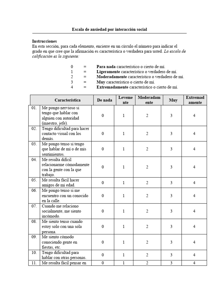 Escala de Ansiedad Por Interacción Social Con Puntuación | PDF ...