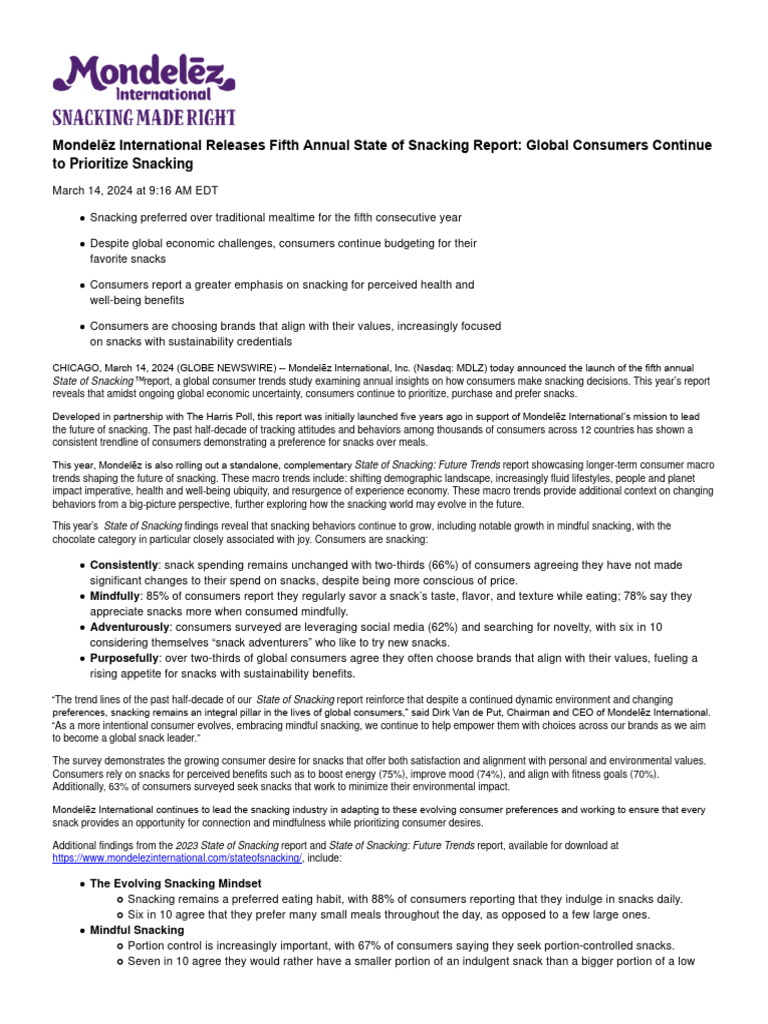 Mondelēz International Releases Fifth Annual State of Snacking Report ...