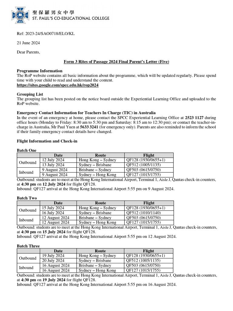 Parent's Letter - F3 RoP 2024 - Final (Five) | Download Free PDF | International Airport