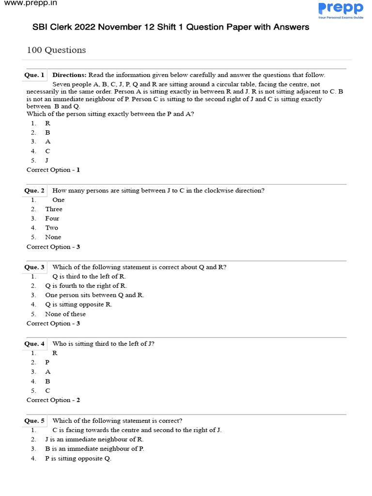SBI Clerk 2022 November 12 Shift 1 Question Paper With Answers | PDF ...
