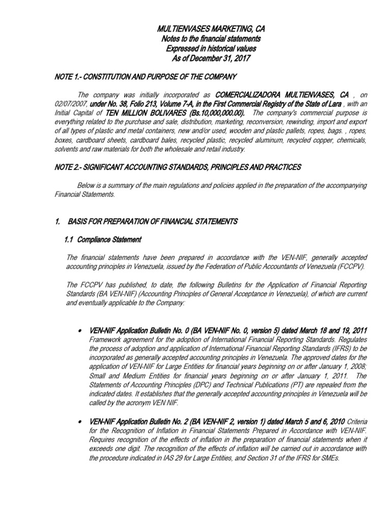 Disclosure Notes Multienvases2017 | PDF | Balance Sheet | Depreciation