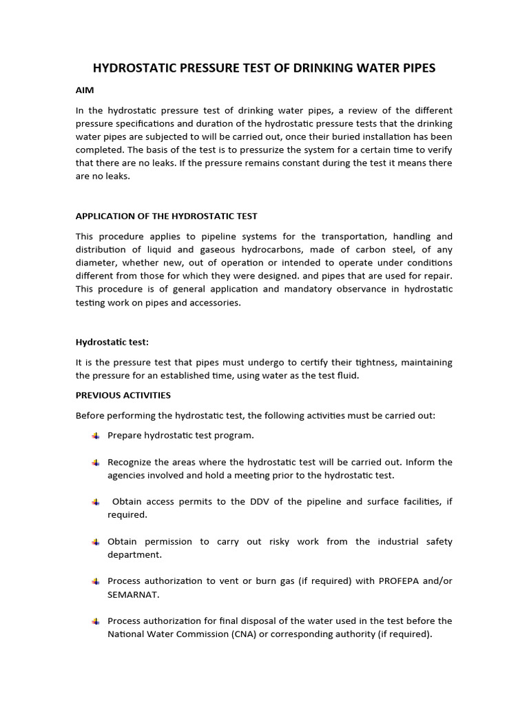 Hydrostatic Pressure Test of Drinking Water Pipes | PDF | Pressure ...