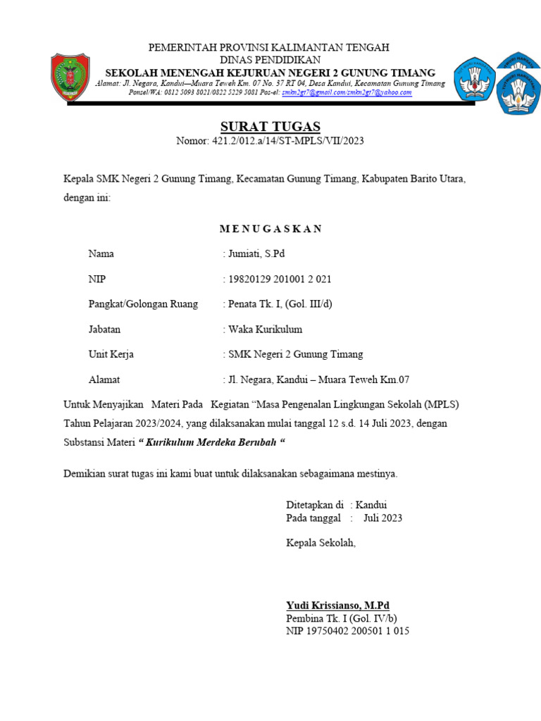 Surat Tugas Pemateri Kegiatan MPLS 2023 | PDF