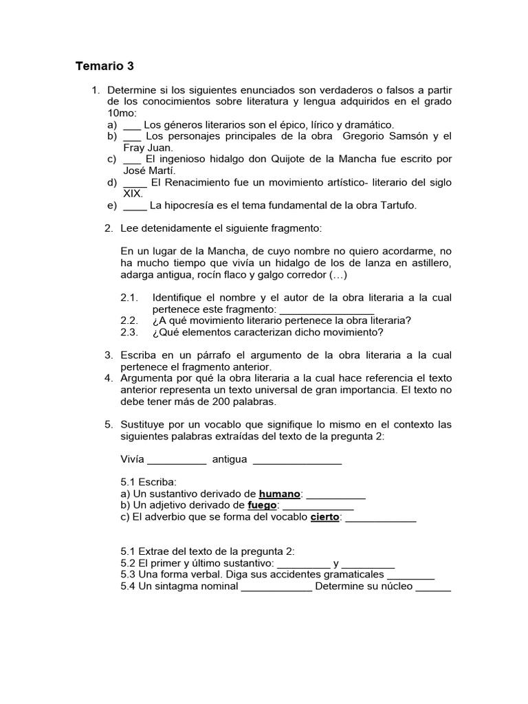 Evaluación de Literatura y Lengua 10mo | PDF | Asunto (gramática ...