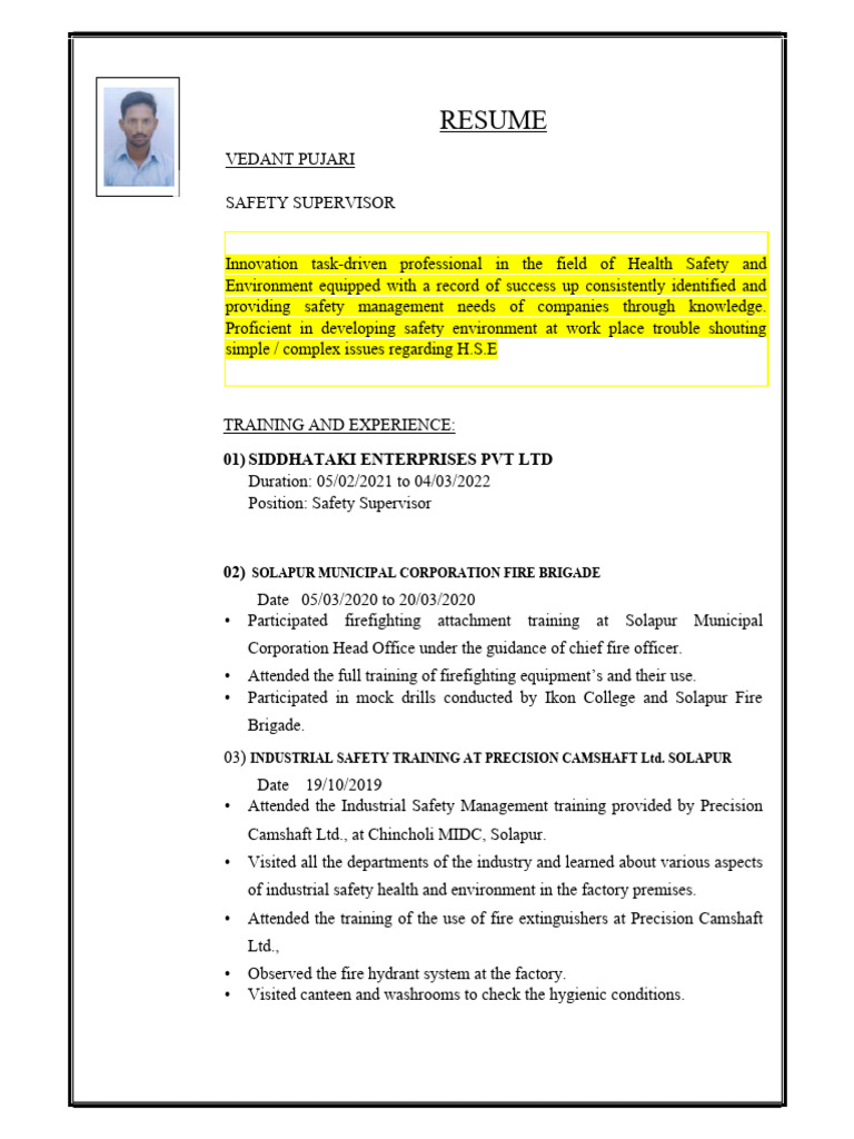 Resume Vedant Pujari Safety Supervisor | PDF | Occupational Safety And Health | Safety