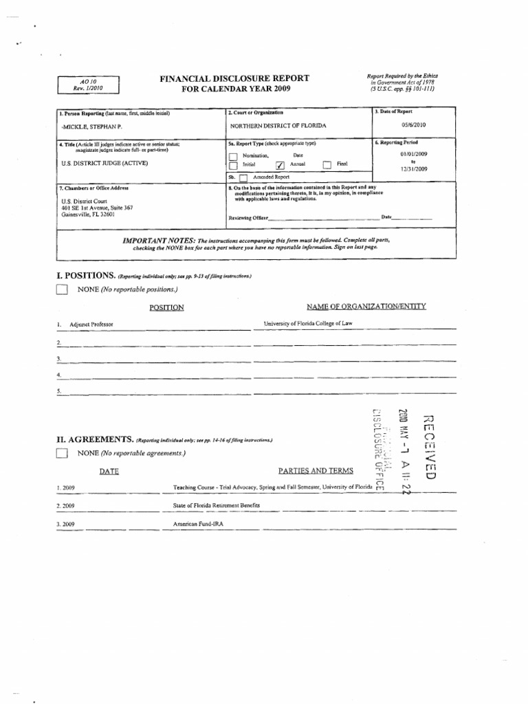 Stephan P Mickle Financial Disclosure Report For 2009 | PDF | United ...