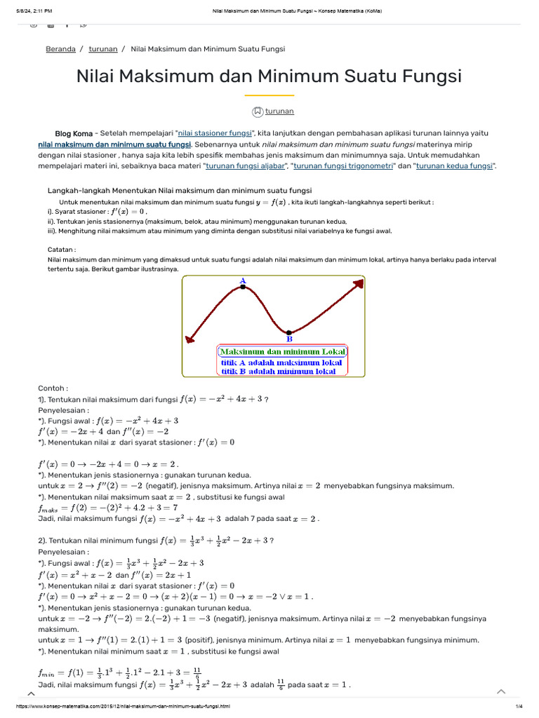 Nilai Maksimum Dan Minimum Suatu Fungsi Konsep Matematika (KoMa) | PDF