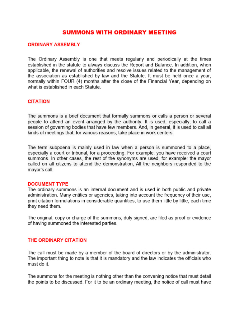 Ordinary Meeting Summons Guide | PDF | Summons | Justice