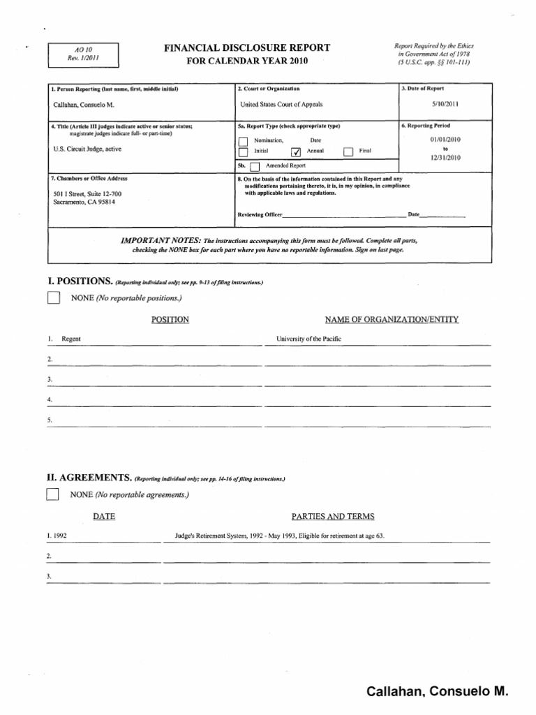 Consuelo M Callahan Financial Disclosure Report for 2010 | Financial ...