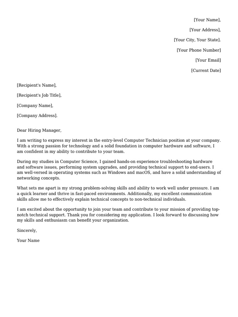 Computer Technician Cover Letter Sample1 by Jobzilla | PDF