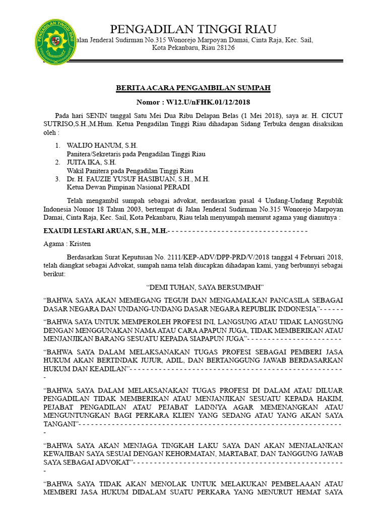 Berita Acara Sumpah Advokat | PDF