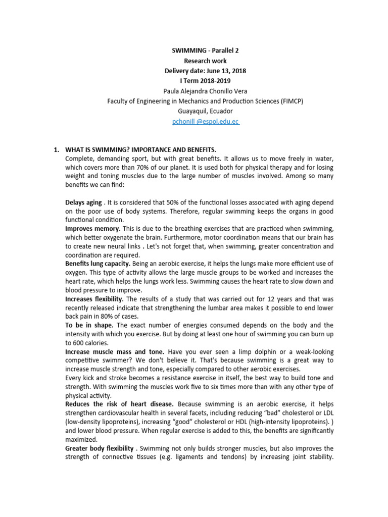 Swimming Research Work | PDF | Anatomical Terms Of Motion | Swimming