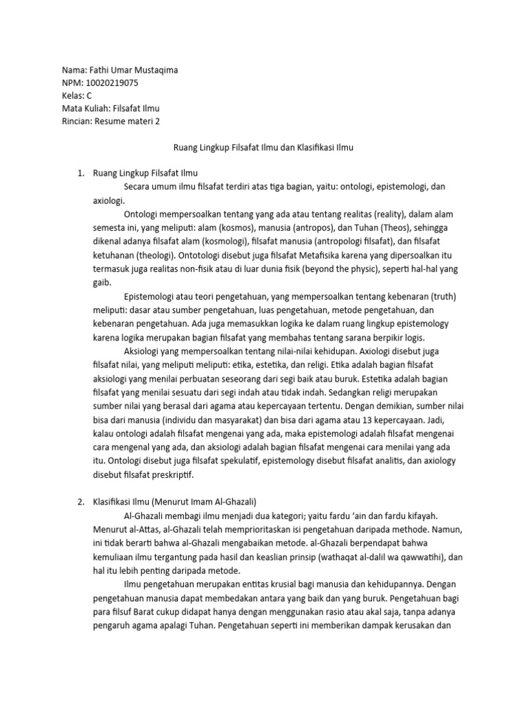 Resume Materi 2 - Filsafat Ilmu - Fathi Umar Mustaqima - 10020219075 | PDF