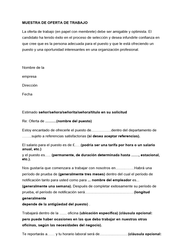 Modelo de carta de oferta laboral España | PDF