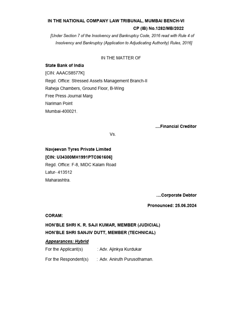 State Bank of India VS NAVJEEVAN TYRES PVT LTD NCLT MUMBAI | PDF ...