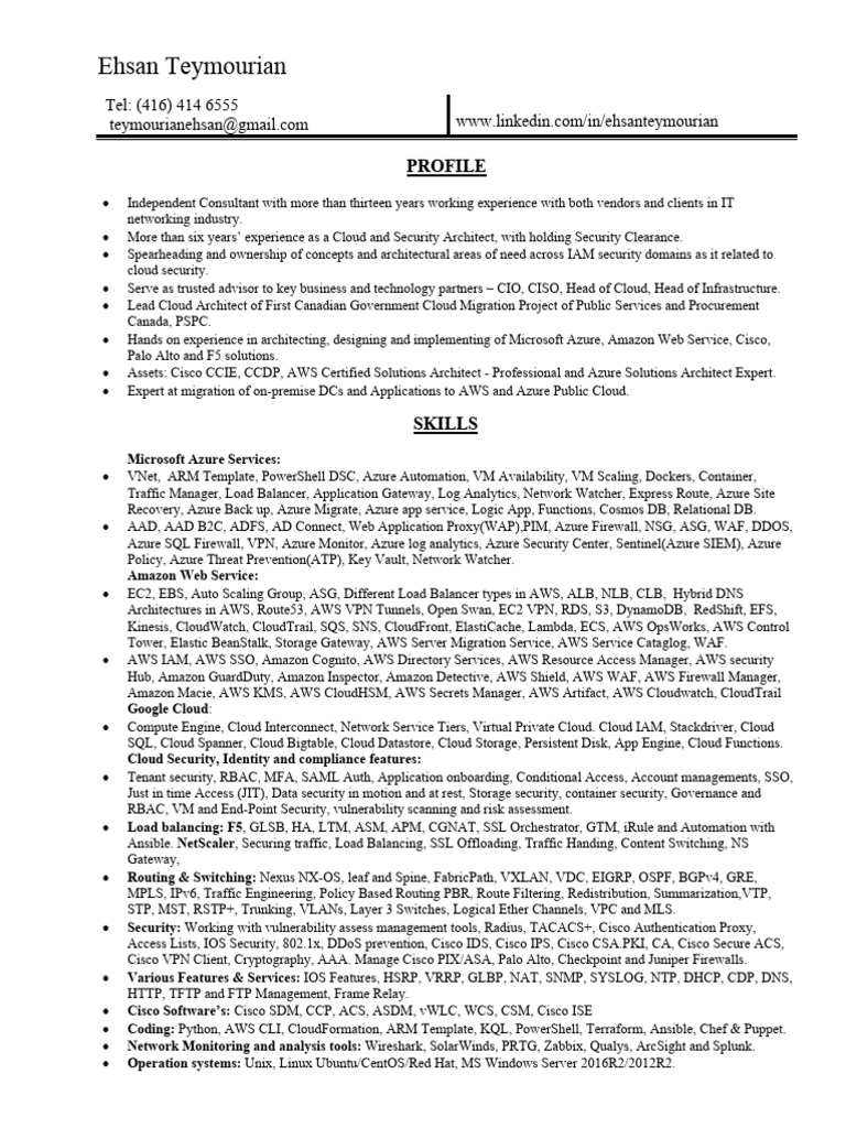 Dice Resume CV Ehsan Teymourian | PDF | Cisco Certifications | Amazon Web Services