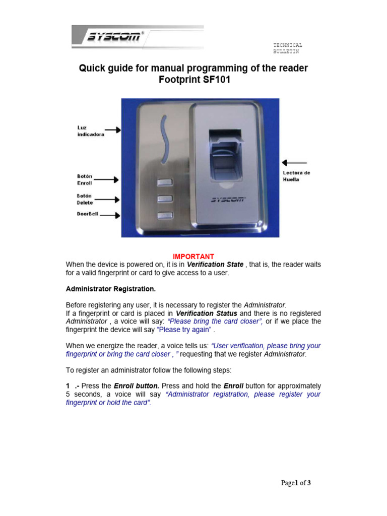 SF101 Manual Programming | PDF | Fingerprint | Verification And Validation