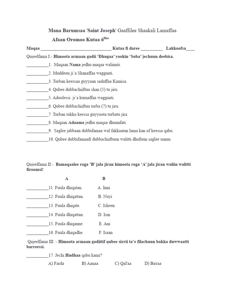 Afan Oromo Worksheet2 G6 | PDF