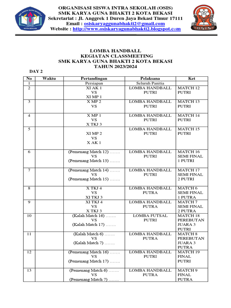 Rundown - Classmeet - Day 2 - 2024 | PDF