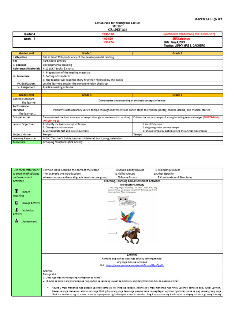 LP in MAPEH 1 and 2 | PDF | Teachers | Learning