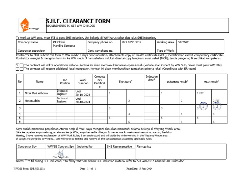 SHE Clearance Form - PT GMS | PDF