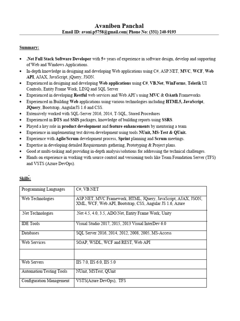 .Net Full Stack Developer Resume - 5+ Years Experience | PDF | Web ...